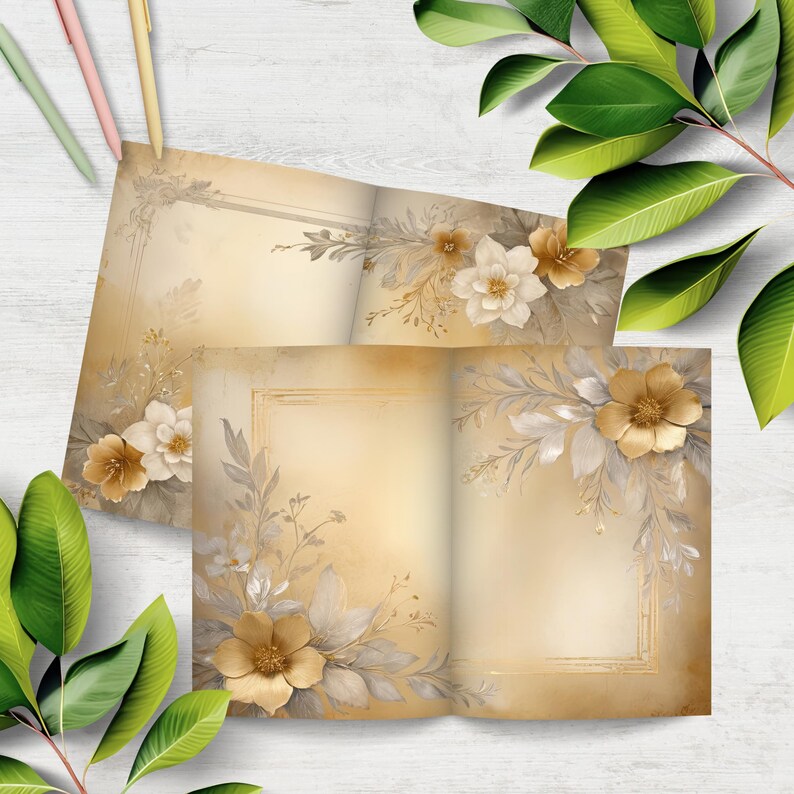 Golden Flowers Digital Paper Pack, Junk Journal Pages, Instant Download ...