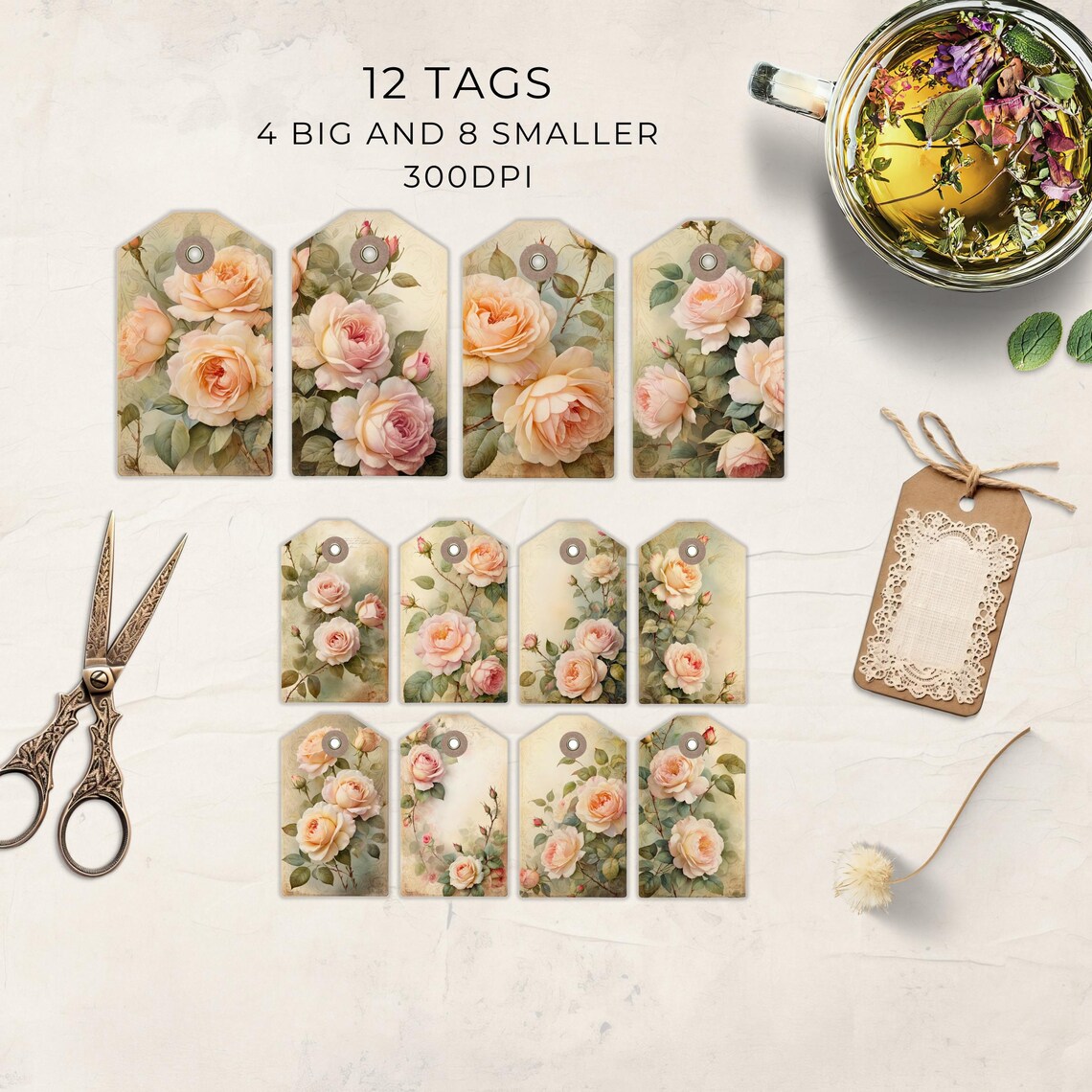 Vintage Rose Tags, Junk Journal Ephemera, Scrapbook Supply, Printable ...