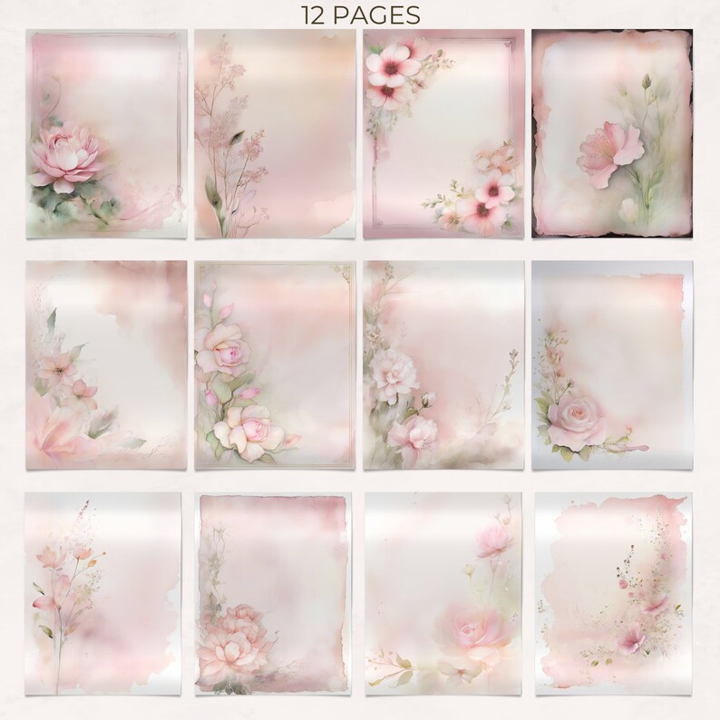 Decorative Pink Floral Digital Paper Pack, Vintage Junk Journal Pages ...