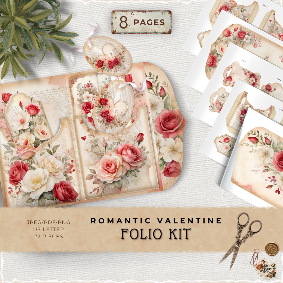 Hearts & Flowers Printable Folio Kit, Valentines Day Love Pocket Folio ...