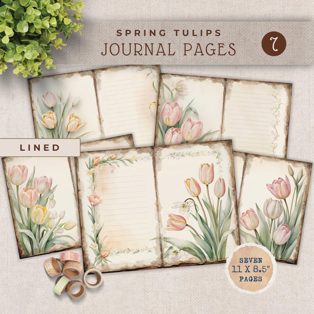 Lined Spring Tulip Pages, Junk Journaling Papers, Scrapbook Essentials ...