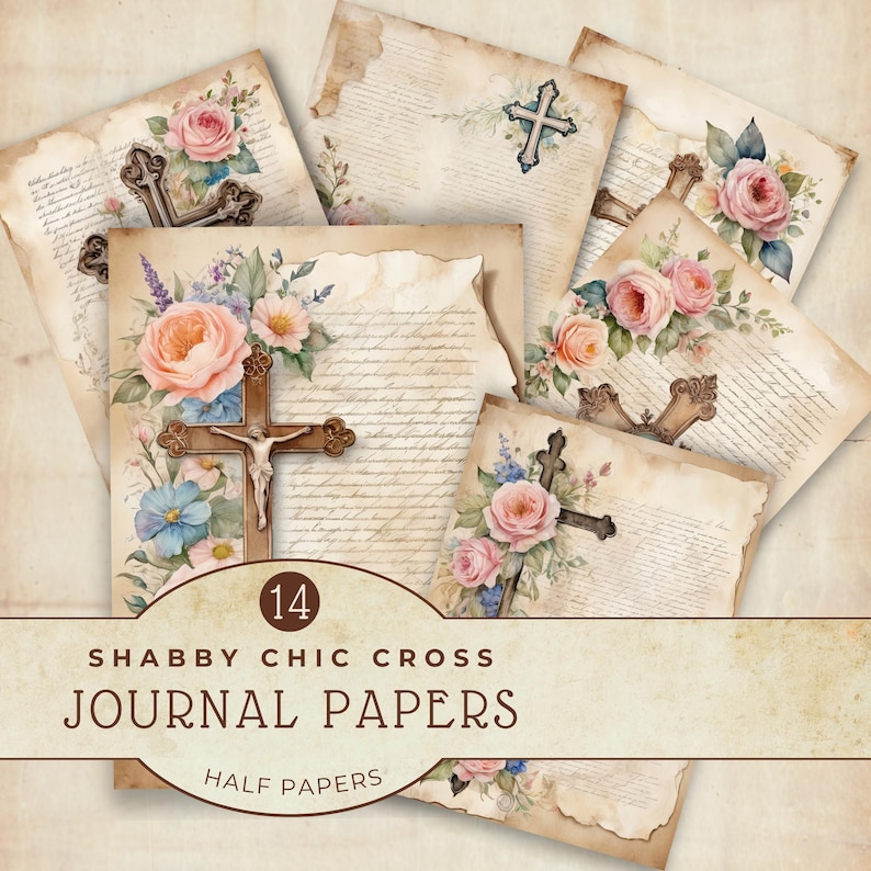 Shabby Chic Cross Digital Papers, Printable Junk Journal Pages ...