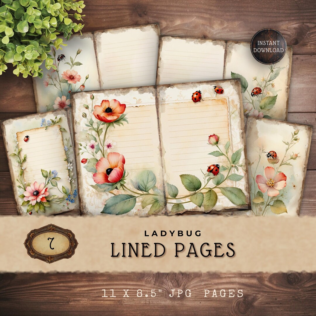 Lined Junk Journal Papers, Ladybug Paper Crafting, Digital Scrapbook ...