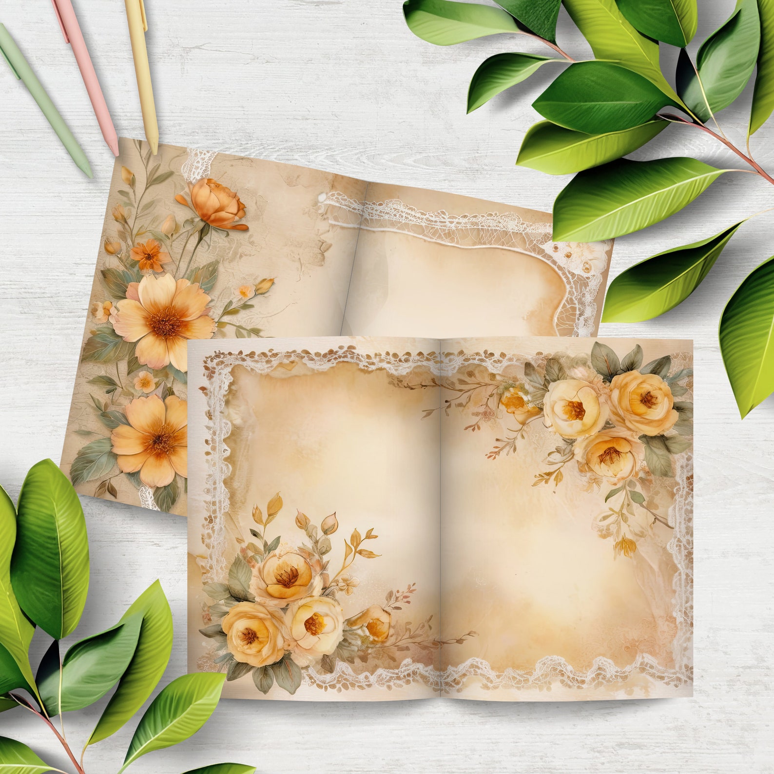 Amber Shabby Chic Digital Papers, Floral Junk Journal Pages, Instant ...