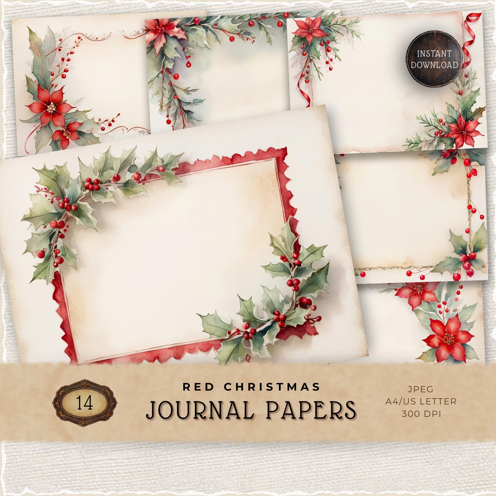 Red Christmas Frame Digital Papers Instant Download, Holiday ...