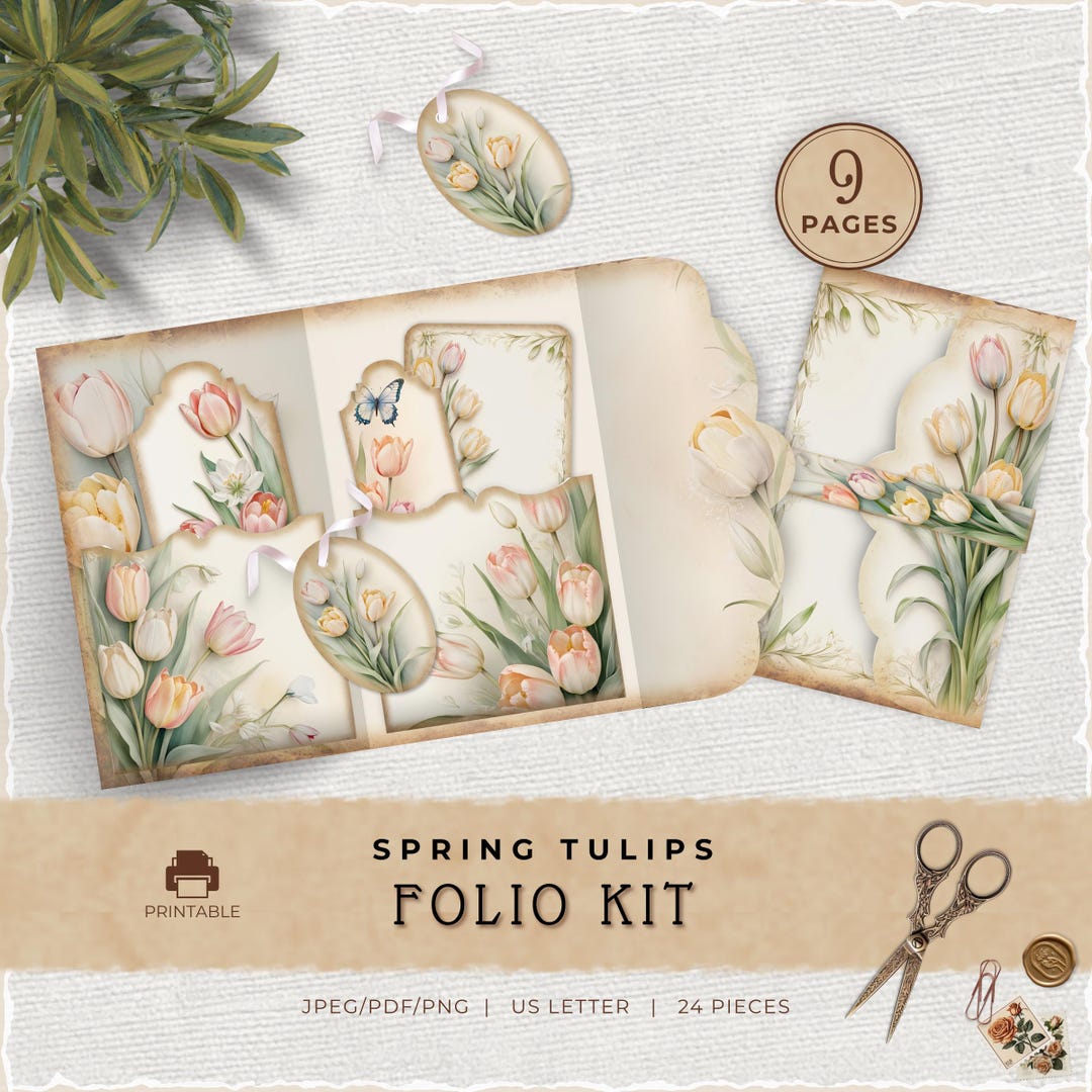 Printable Spring Junk Journal Pocket, Soft Tulip Folio Kit, Mix and ...
