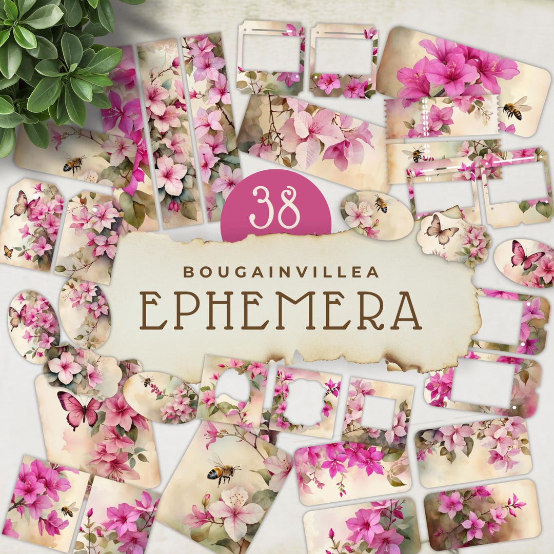 Bougainvillea Ephemera, Digital Download, Pink Floral Scrapbook Supply, Journaling Supplies ...