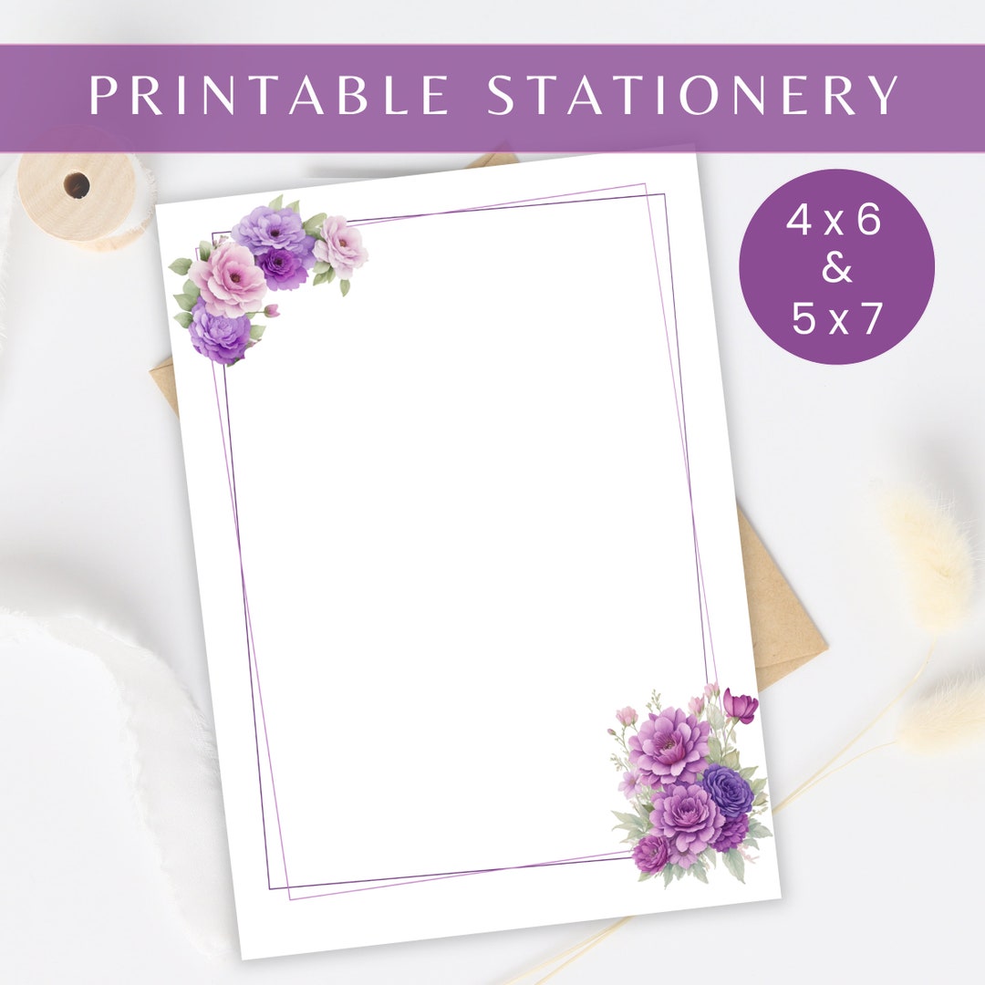 Editable Purple Flower Note Card, Blank Printable Stationery, Custom ...