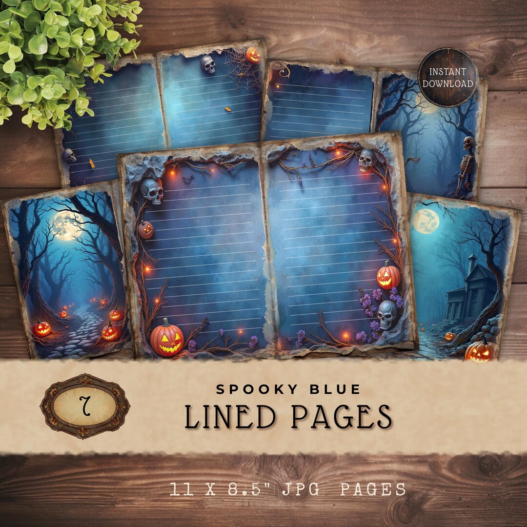 Lined Spooky Blue Scrapbook Paper, Digital Papers, Halloween Papers ...