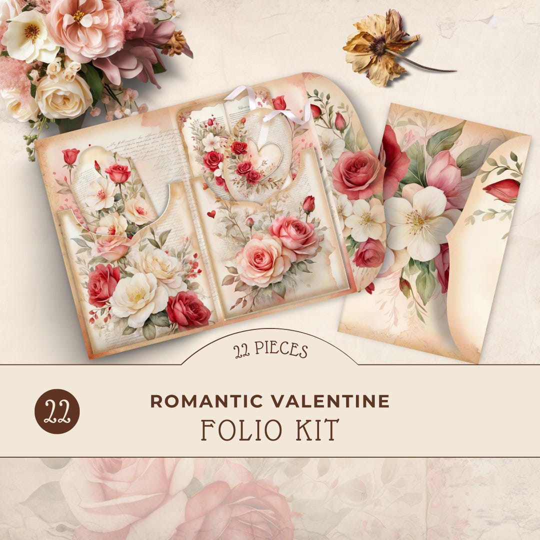 Hearts & Flowers Printable Folio Kit, Valentines Day Love Pocket Folio, Romantic Junk Journal ...