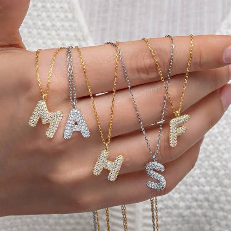 Pave Bubble Pendant Diamond Initial Necklace, Balloon Letter Silver ...