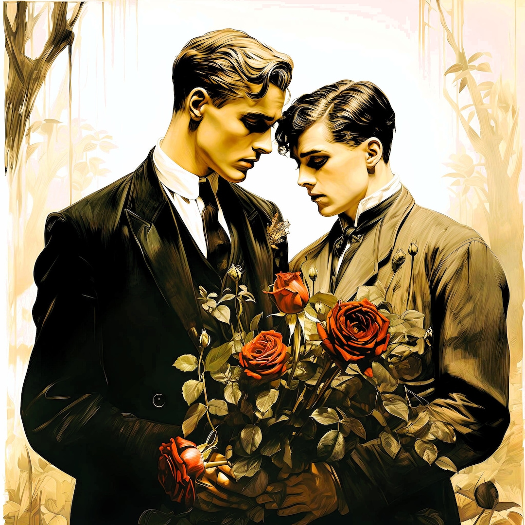 Digital Art Print, Two Men With Red Roses, LGBTQ Wall Art, Romantic Gay ...