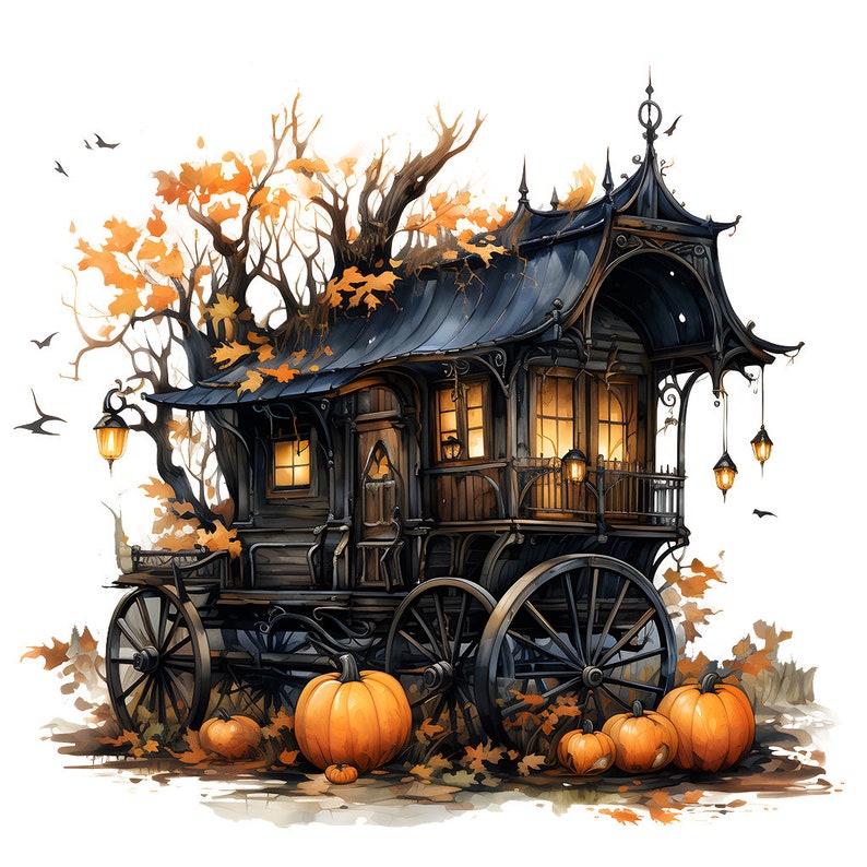 Scary Halloween Forest Carts | Watercolor Clipart | Transparent ...