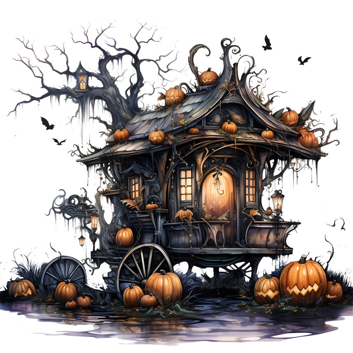 Scary Halloween Forest Carts | Watercolor Clipart | Transparent ...