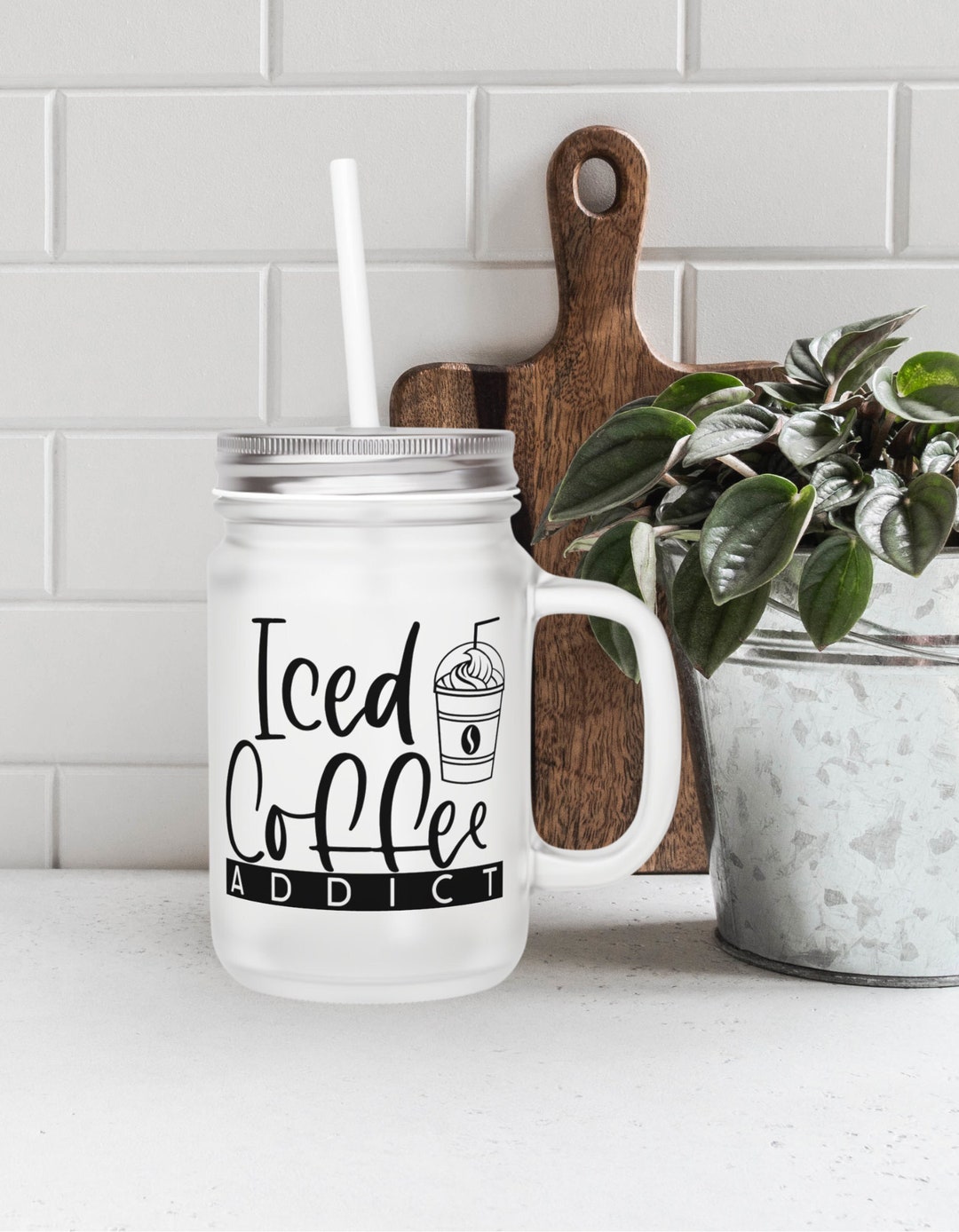 Iced Coffee Addict Glass Mason Jar, 12 Ounce Glass Frosted Mason Jar ...