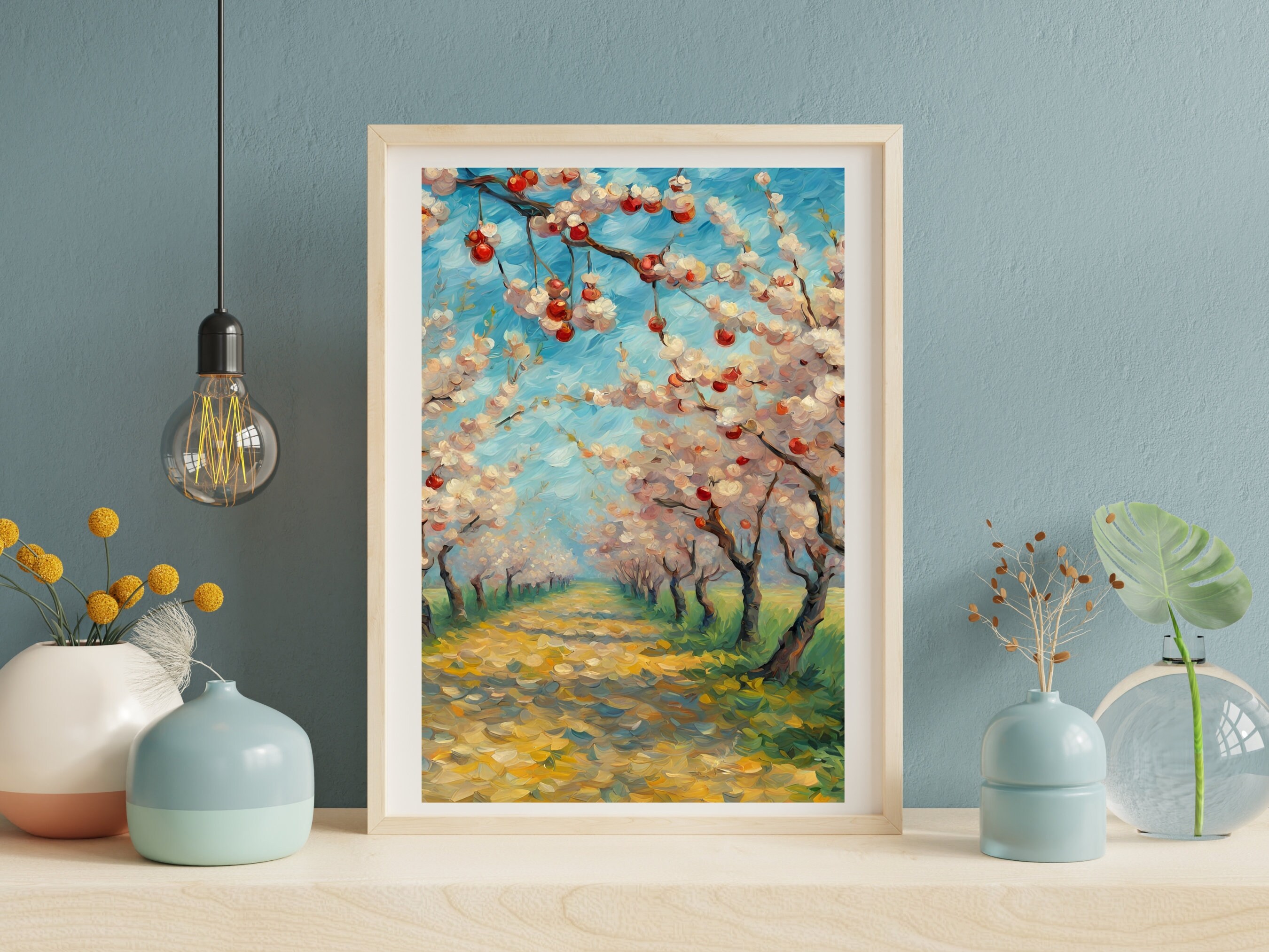 Vincent Van Gogh Poster, Cherry Trees, Van Gogh Paintings, Digital ...