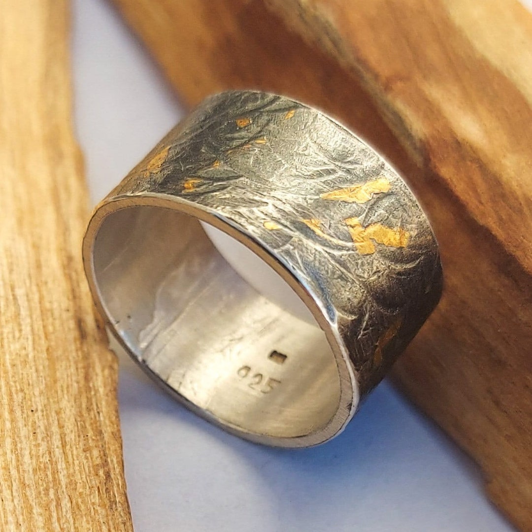 Wide Keum Boo Band, Wide Rustic Ring, 24k Gold & Oxidised Sterling ...