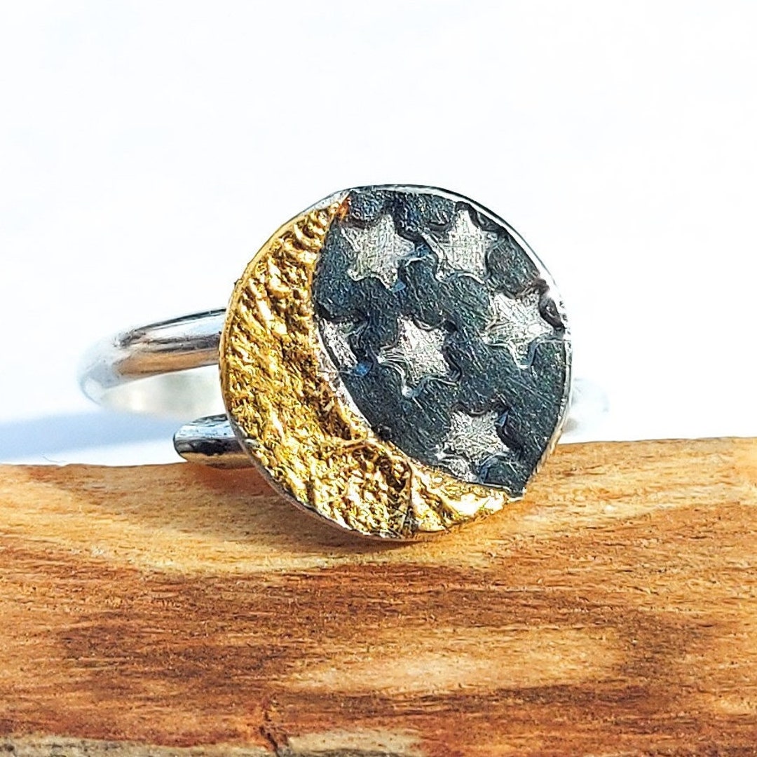 Keum Boo Crescent Moon Stars Ring, Sterling Silver, Adjustable - Etsy