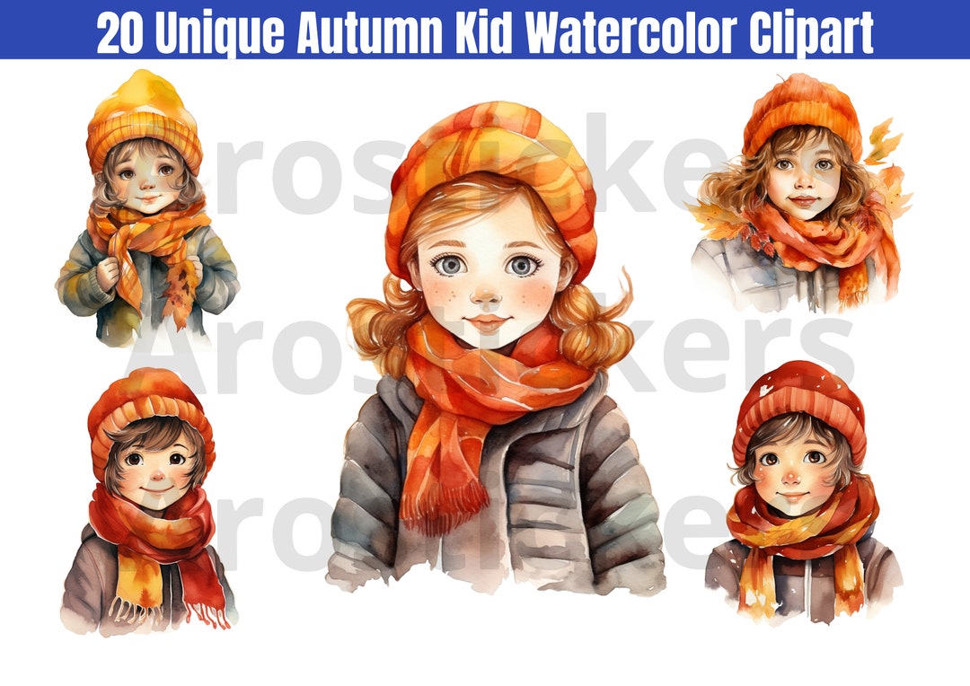 Watercolor Autumn Fall Kids Clipart PNG Pack of 20 DIGITAL DOWNLOAD - Etsy