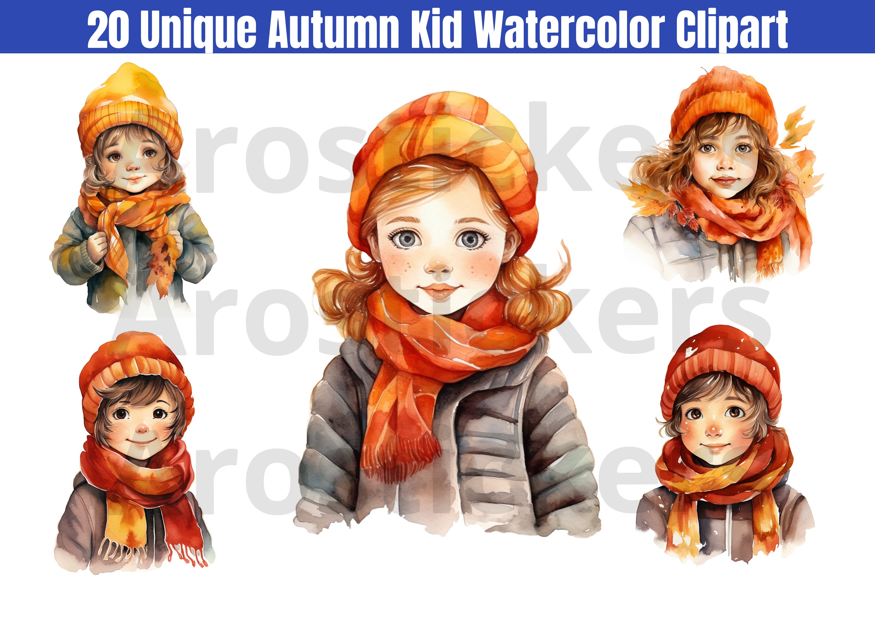 Watercolor Autumn Fall Kids Clipart PNG Pack of 20 DIGITAL DOWNLOAD - Etsy