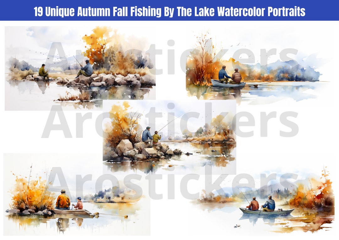 Autumn Fall Fishing by Lake Watercolor Inspired Portraits PNG Pack of ...