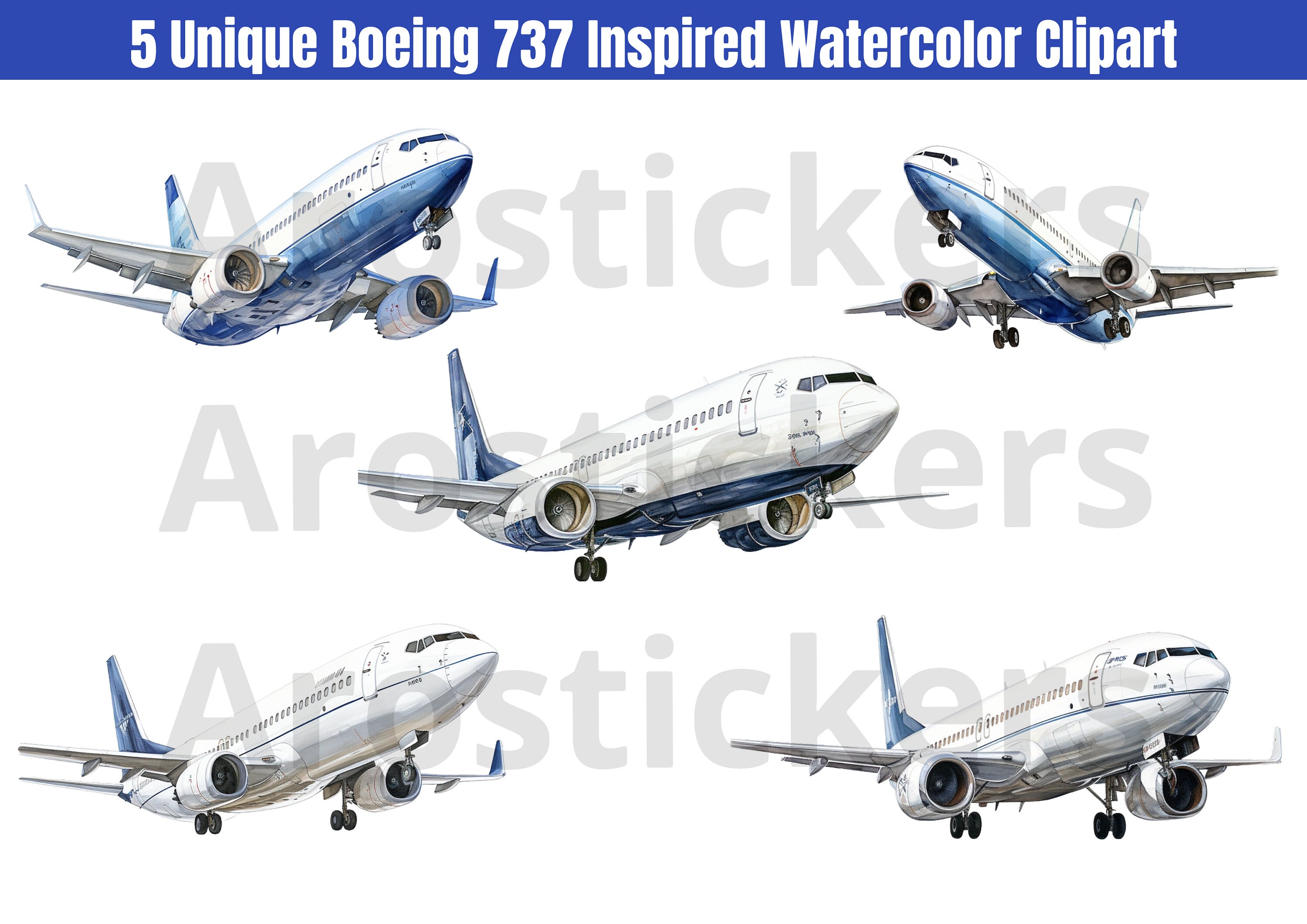 Watercolor Boeing 737 Inspired Clipart PNG Pack of 5 DIGITAL DOWNLOAD ...