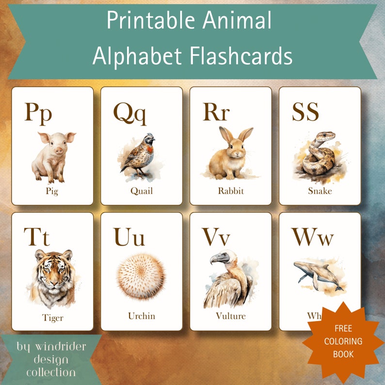 Printable Alphabet Flashcards for Kids, Animal Flashcards, Watercolor ...