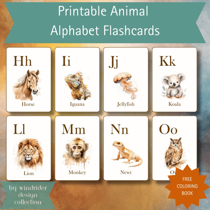 Printable Alphabet Flashcards for Kids, Animal Flashcards, Watercolor ...