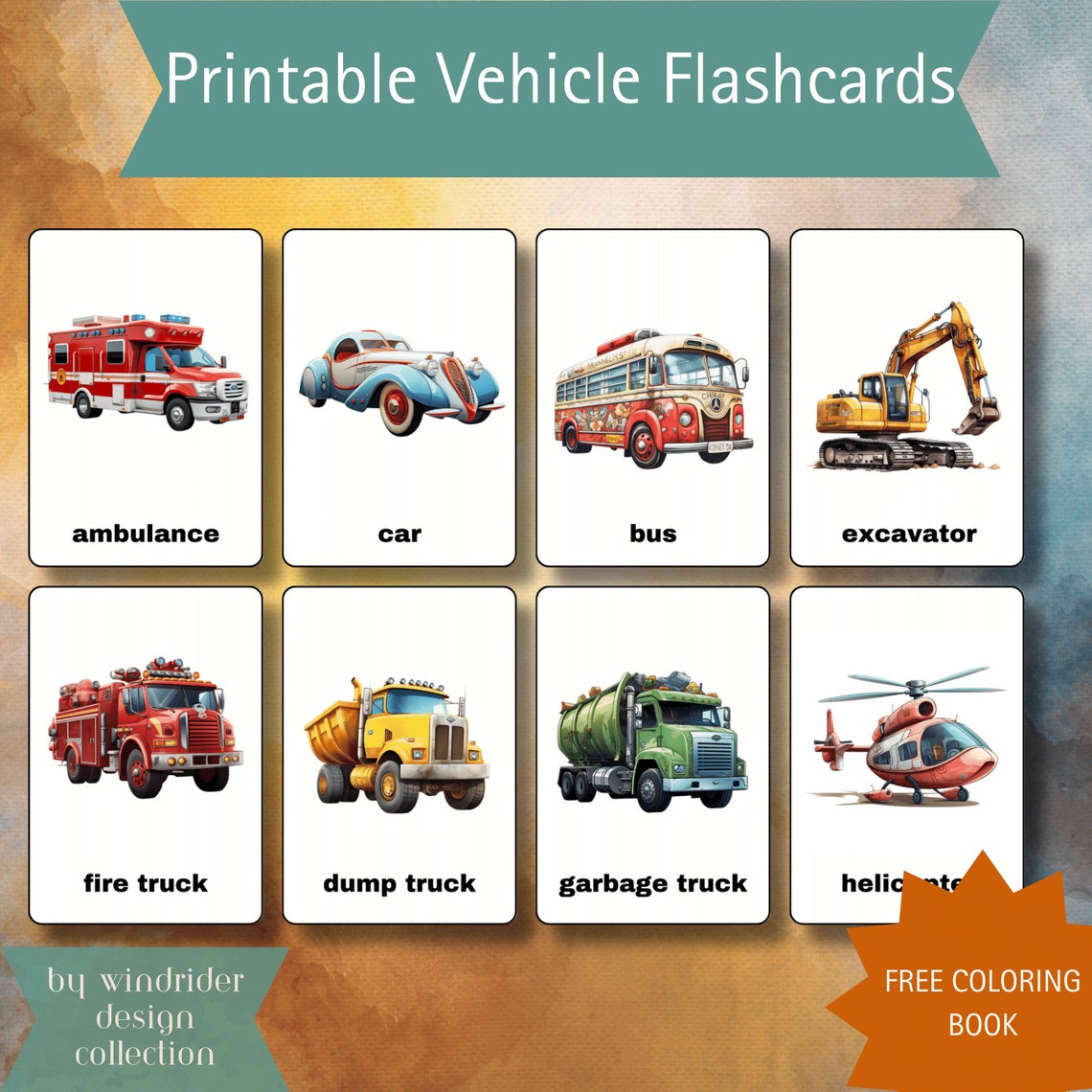 24 Vehicle Montessori Flashcards, Printable Flashcards, Vehicles Flash ...