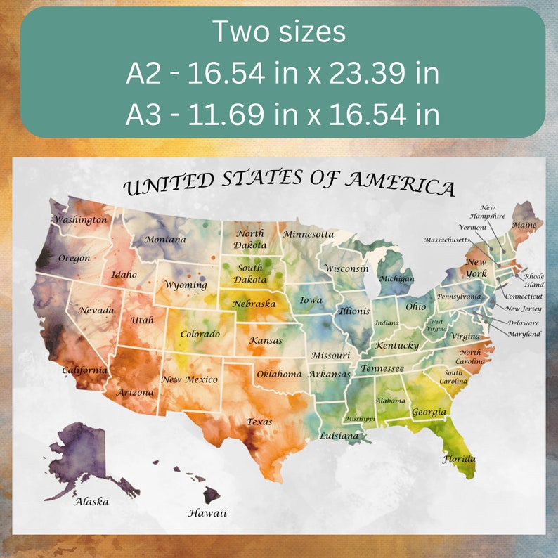 Map of the United States Watercolor Map Digital United - Etsy