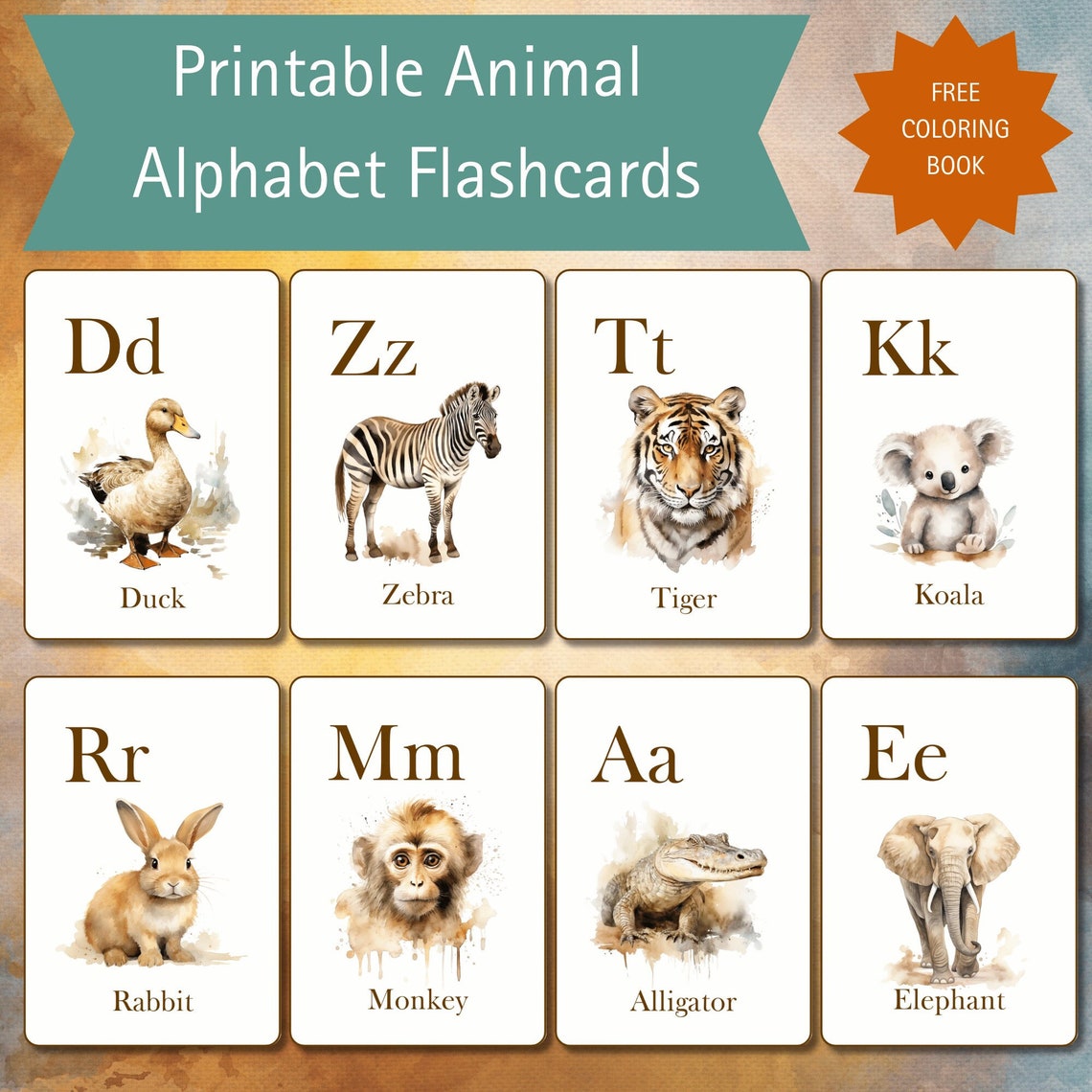 Printable Alphabet Flashcards for Kids, Animal Flashcards, Watercolor ...