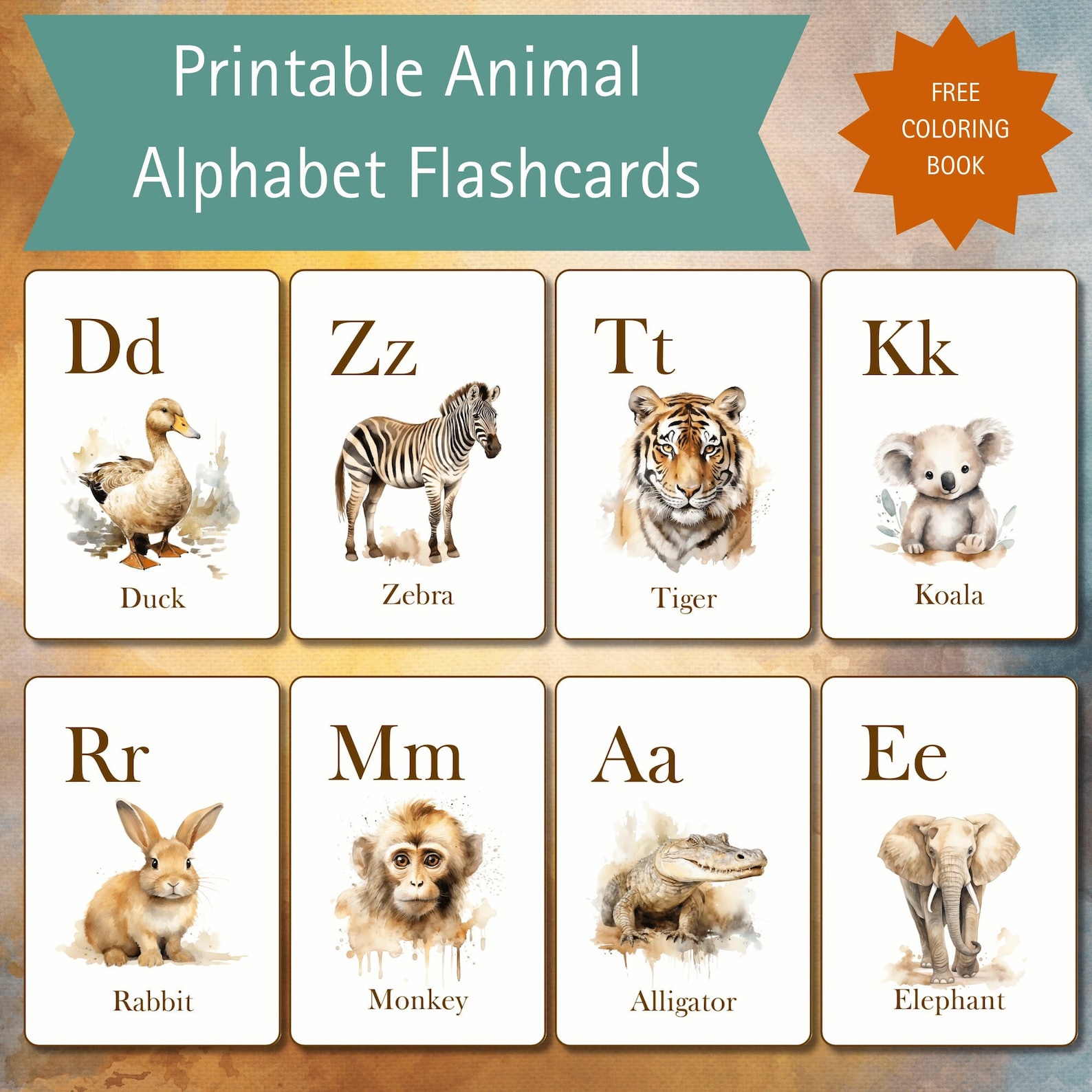 Printable Alphabet Flashcards for Kids, Animal Flashcards, Watercolor ...