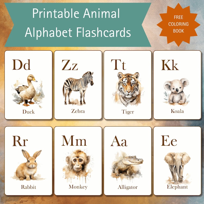 Printable Alphabet Flashcards for Kids, Animal Flashcards, Watercolor ...