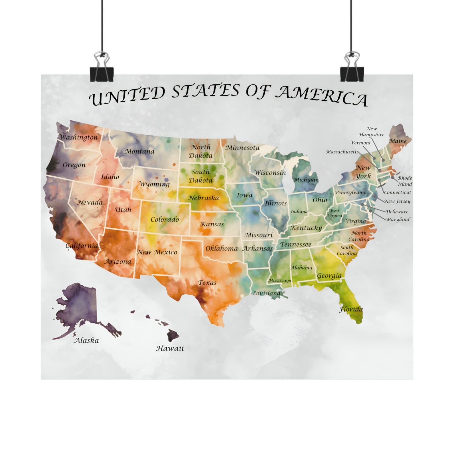 Watercolor Map of the United States, Watercolor Map, Printed United ...