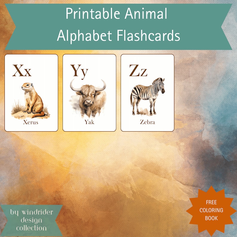 Printable Alphabet Flashcards for Kids, Animal Flashcards, Watercolor ...