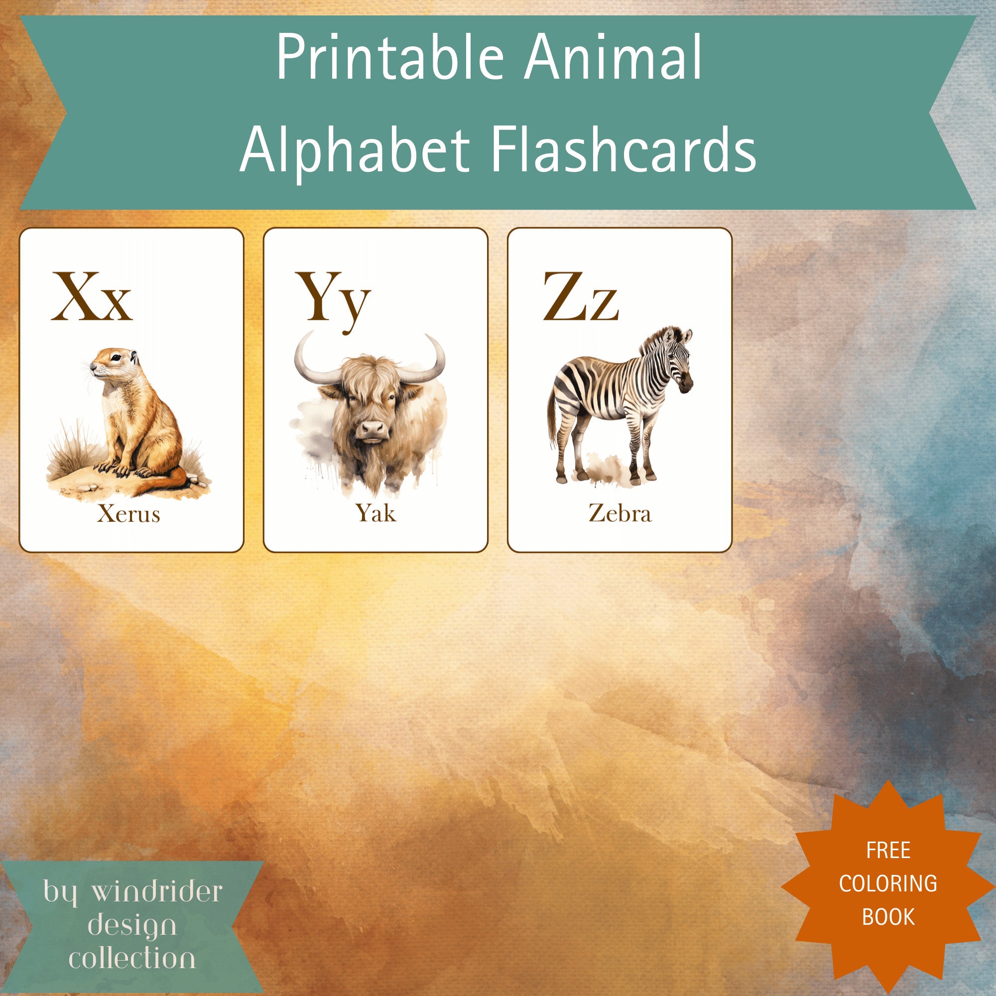 Printable Alphabet Flashcards for Kids, Animal Flashcards, Watercolor ...
