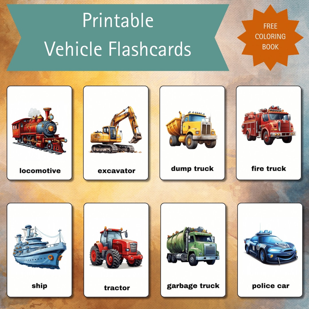 24 Vehicle Montessori Flashcards, Printable Flashcards, Vehicles Flash ...