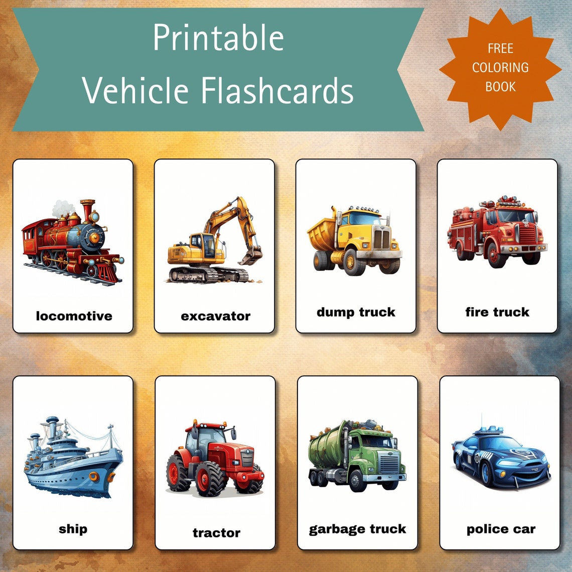24 Vehicle Montessori Flashcards, Printable Flashcards, Vehicles Flash ...