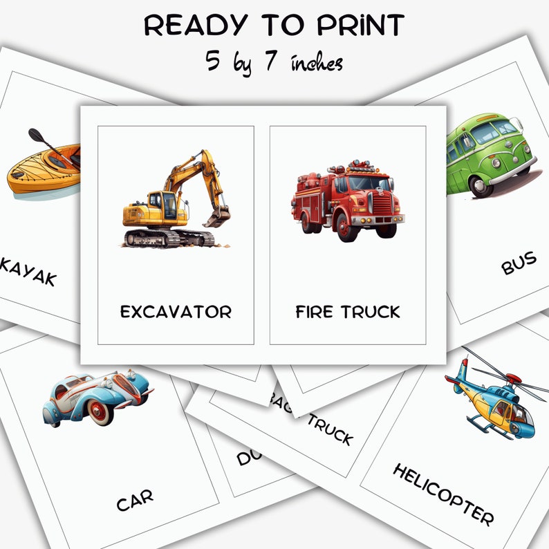 Vehicles Flash Cards, Printable Vehicle Flashcards, 3 Part Cards ...