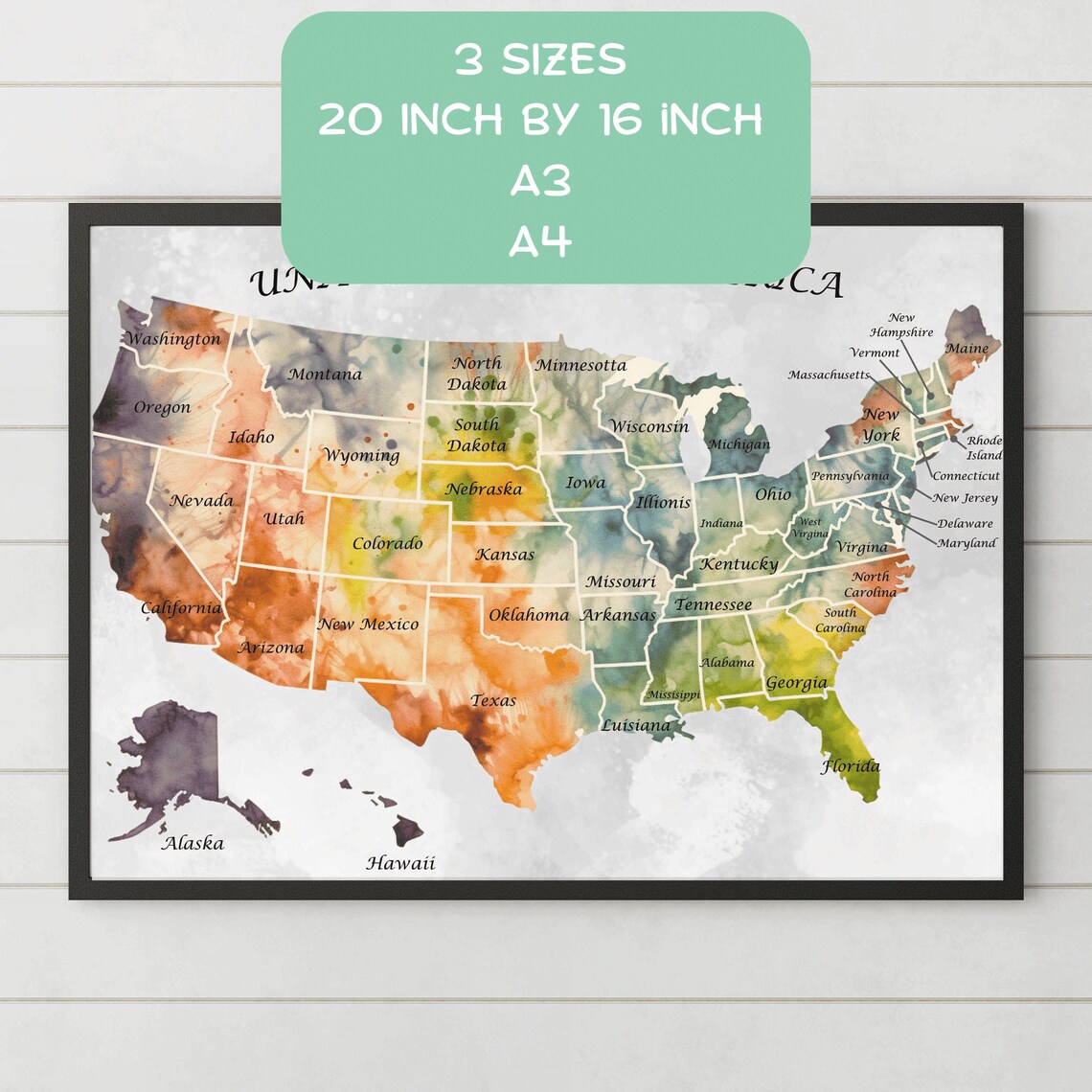 Map of the United States, Watercolor Map, Digital United States Map ...