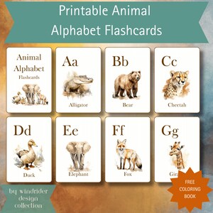 Printable Alphabet Flashcards for Kids, Animal Flashcards, Watercolor ...