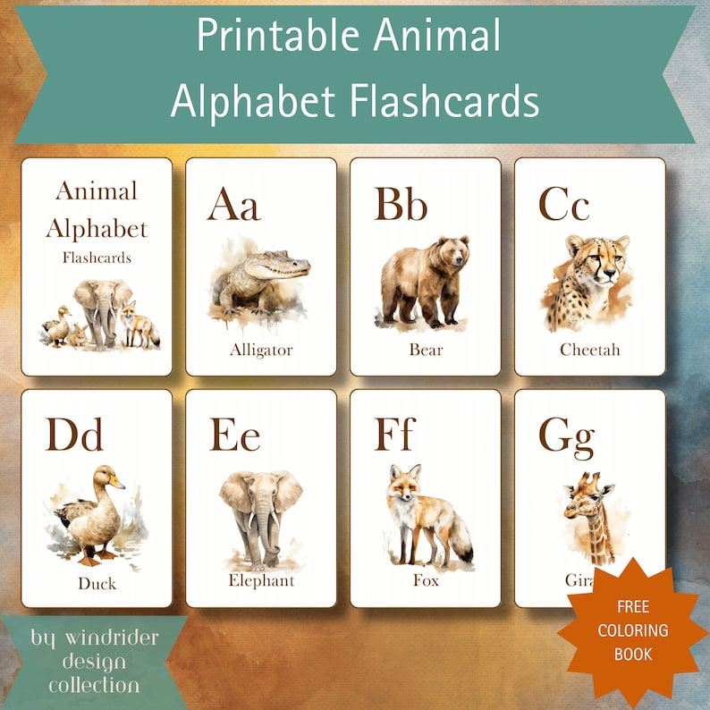 Printable Alphabet Flashcards for Kids, Animal Flashcards, Watercolor ...