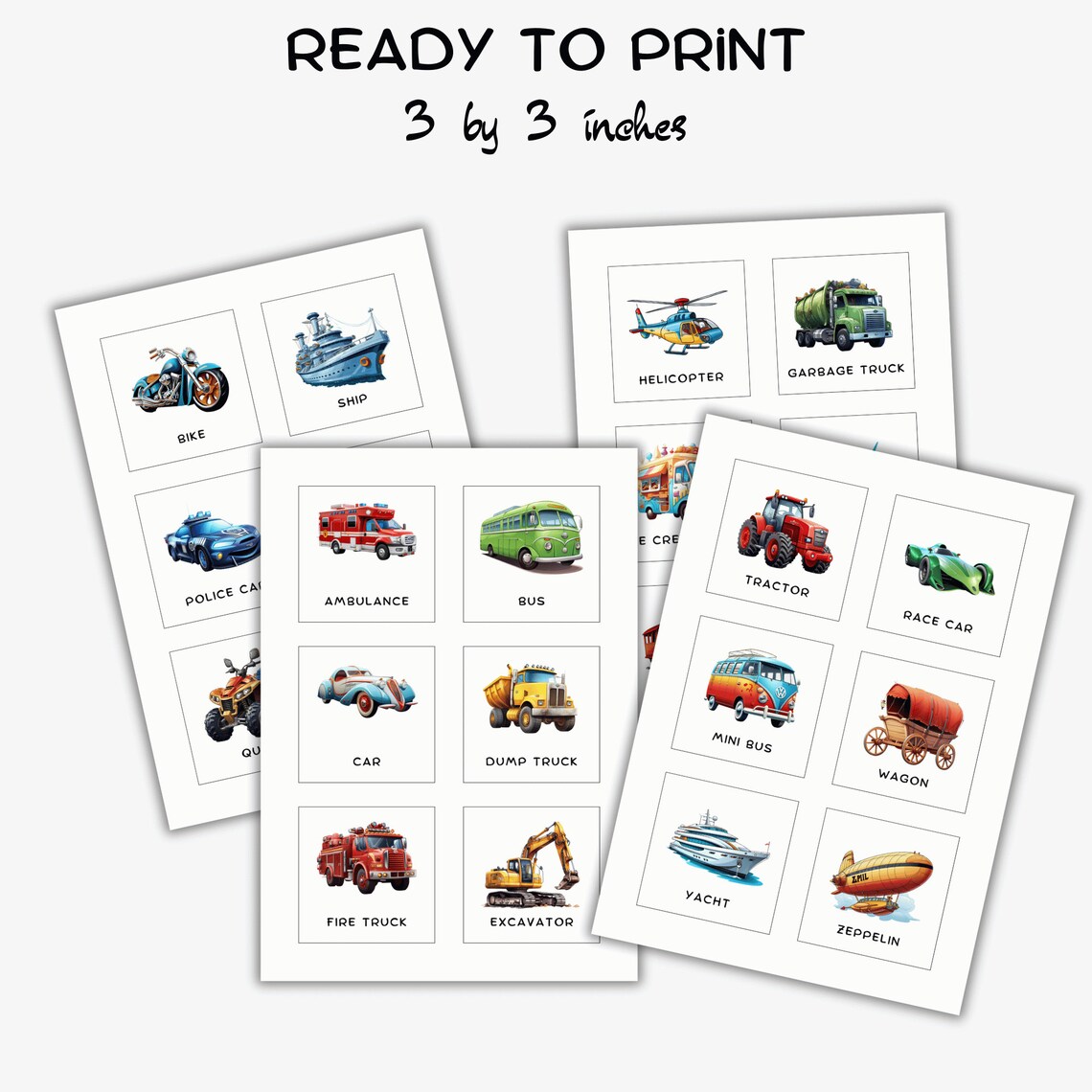 Vehicles Flash Cards, Printable Vehicle Flashcards, 3 Part Cards ...