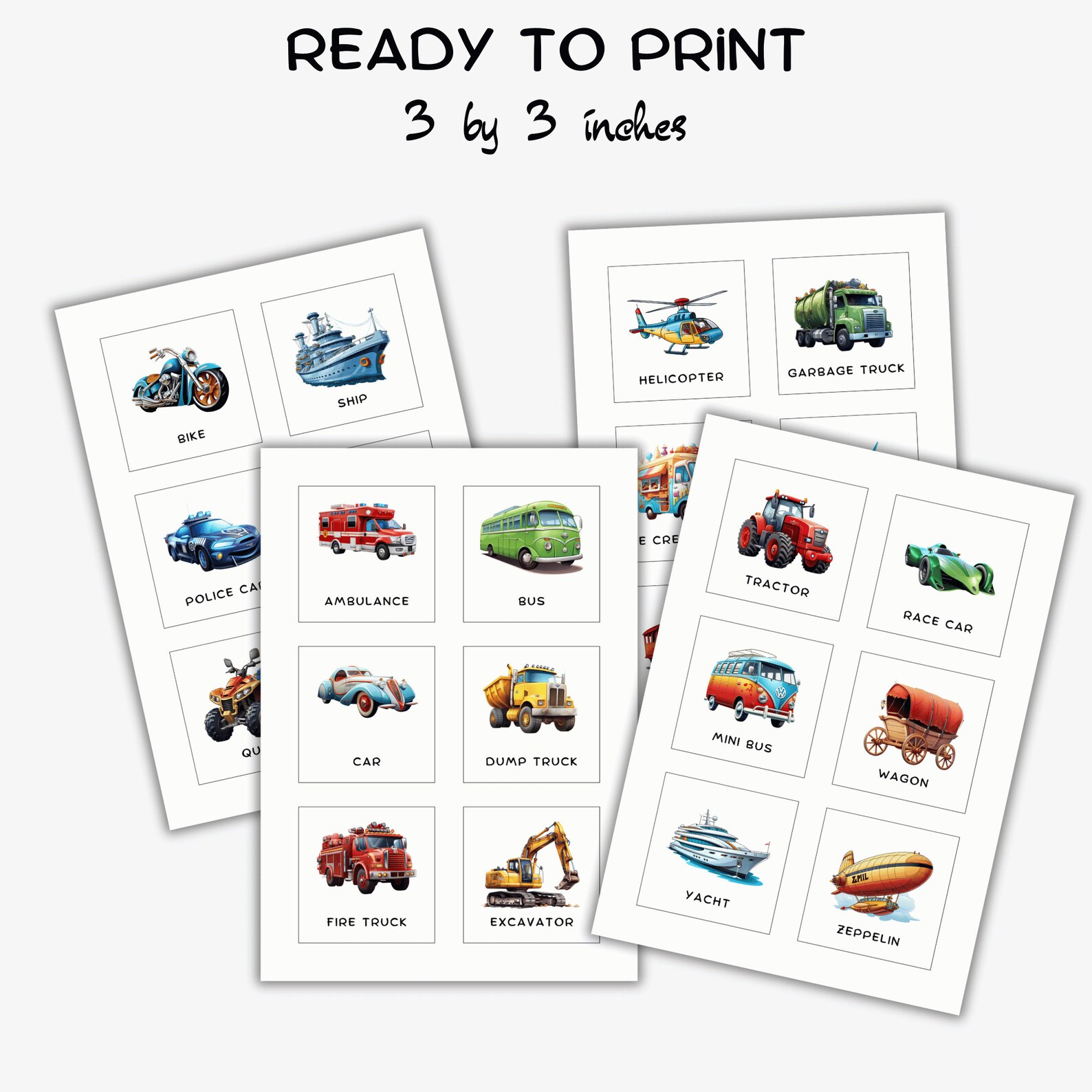 Vehicles Flash Cards, Printable Vehicle Flashcards, 3 Part Cards ...