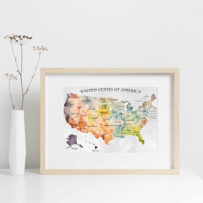 Watercolor USA Map, 50 States, Montessori Educational Poster (digital ...