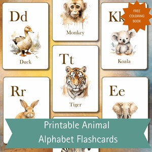Printable Alphabet Flashcards for Kids, Animal Flashcards, Watercolor ...
