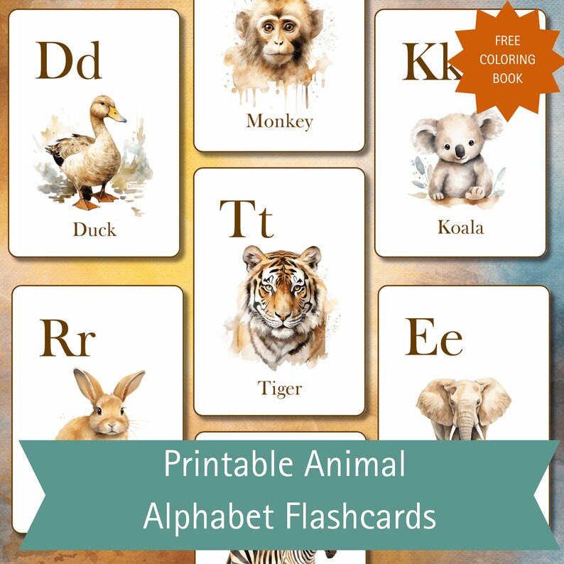 Printable Alphabet Flashcards for Kids, Animal Flashcards, Watercolor ...