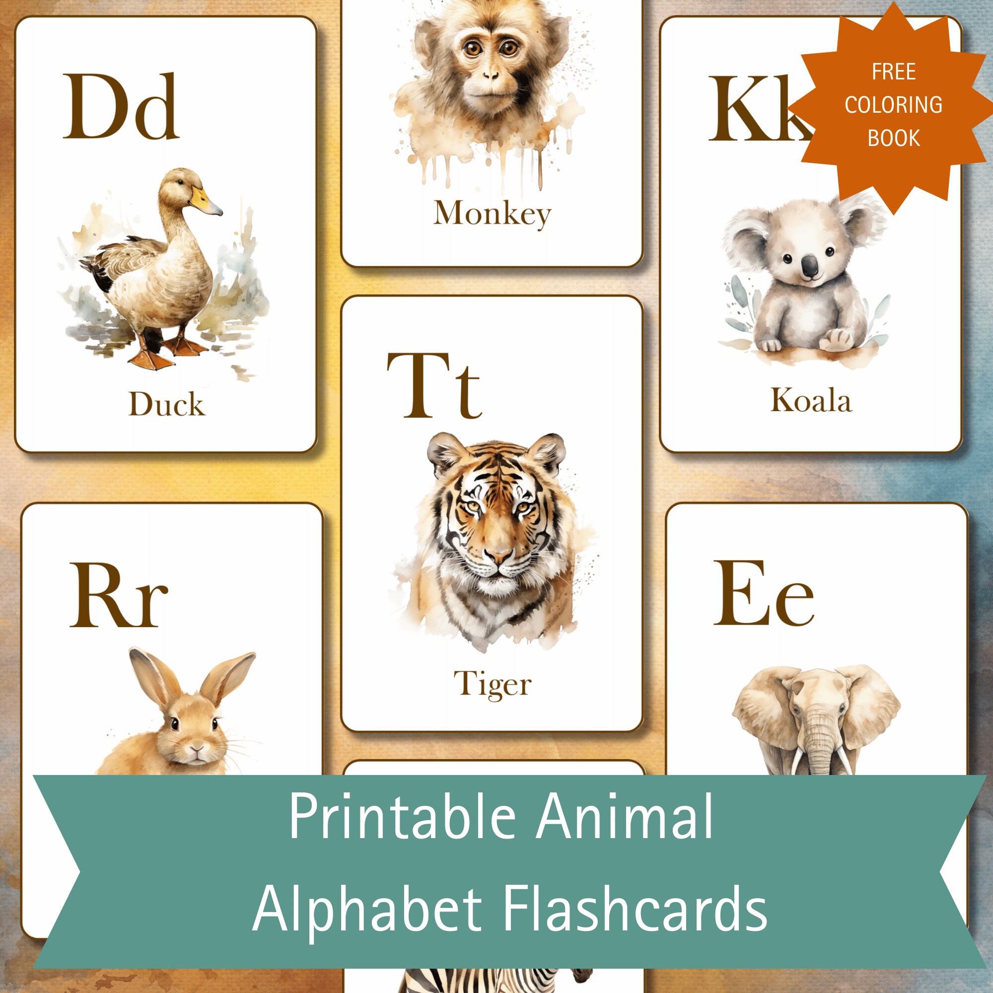 Printable Alphabet Flashcards for Kids, Animal Flashcards, Watercolor ...
