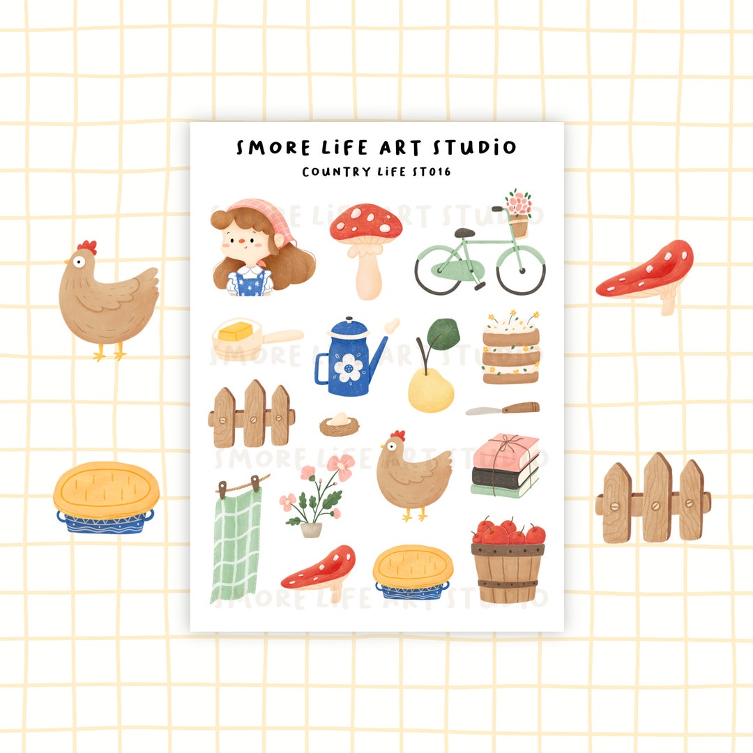 Country Life Bujo Deco Sticker Sheet Little Girl, Apples, Bicycle With ...