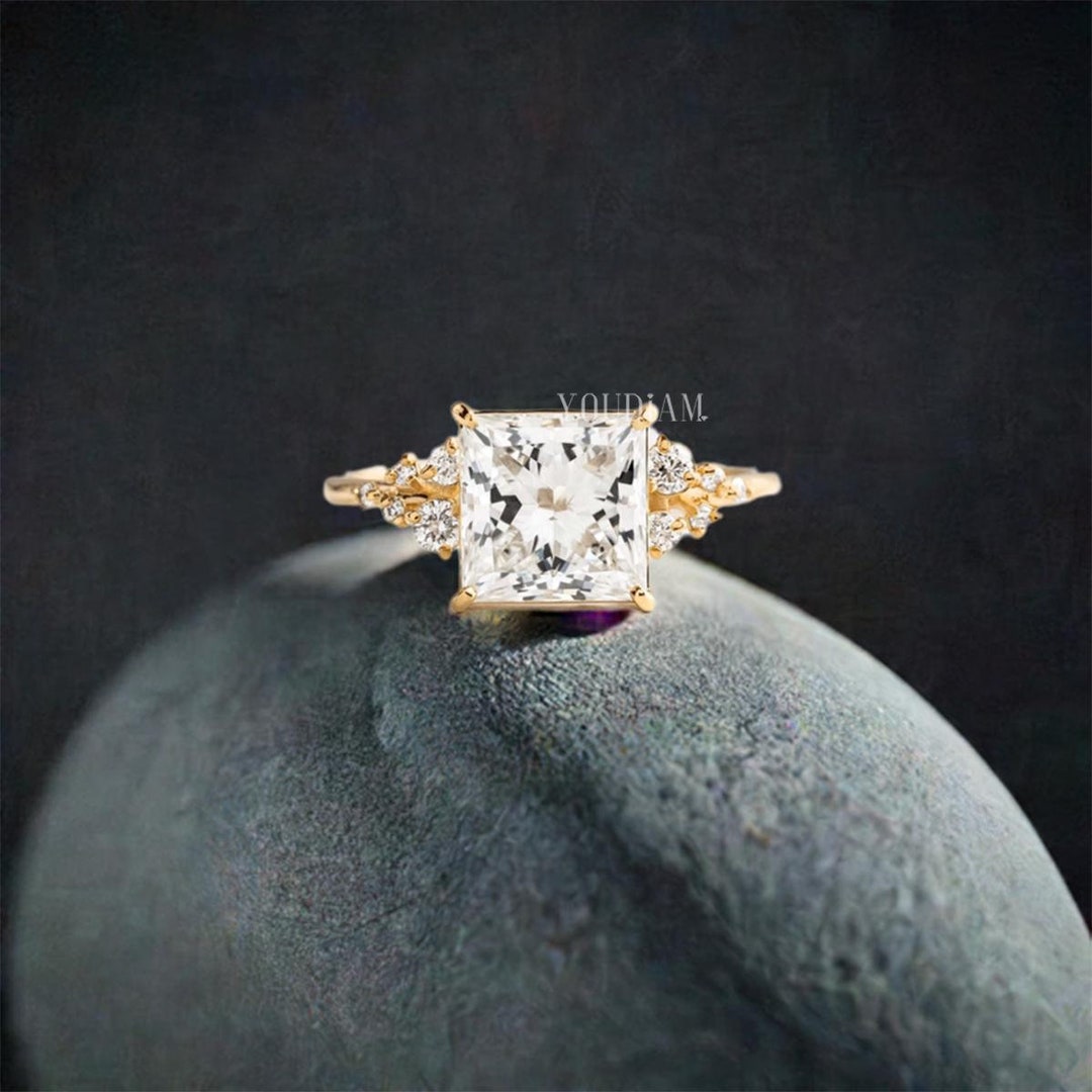 2ct Princess Cut Diamond Ring With 10 Accented Diamonds, Princess Cut ...